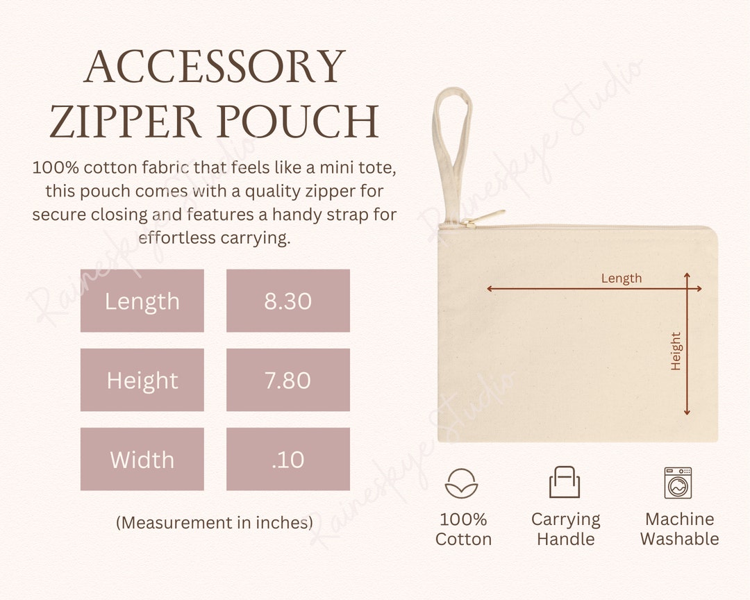 Accessory Zipper Pouch Size Chart and Key Features, 100% Cotton Canvas ...