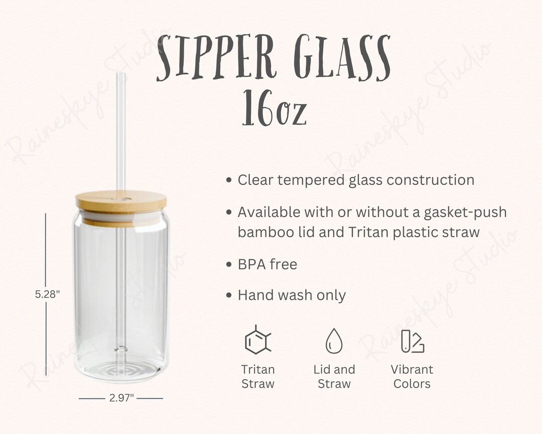 16oz Sipper Glass Size Chart and Key Features Mockup, Sipper Glass With ...