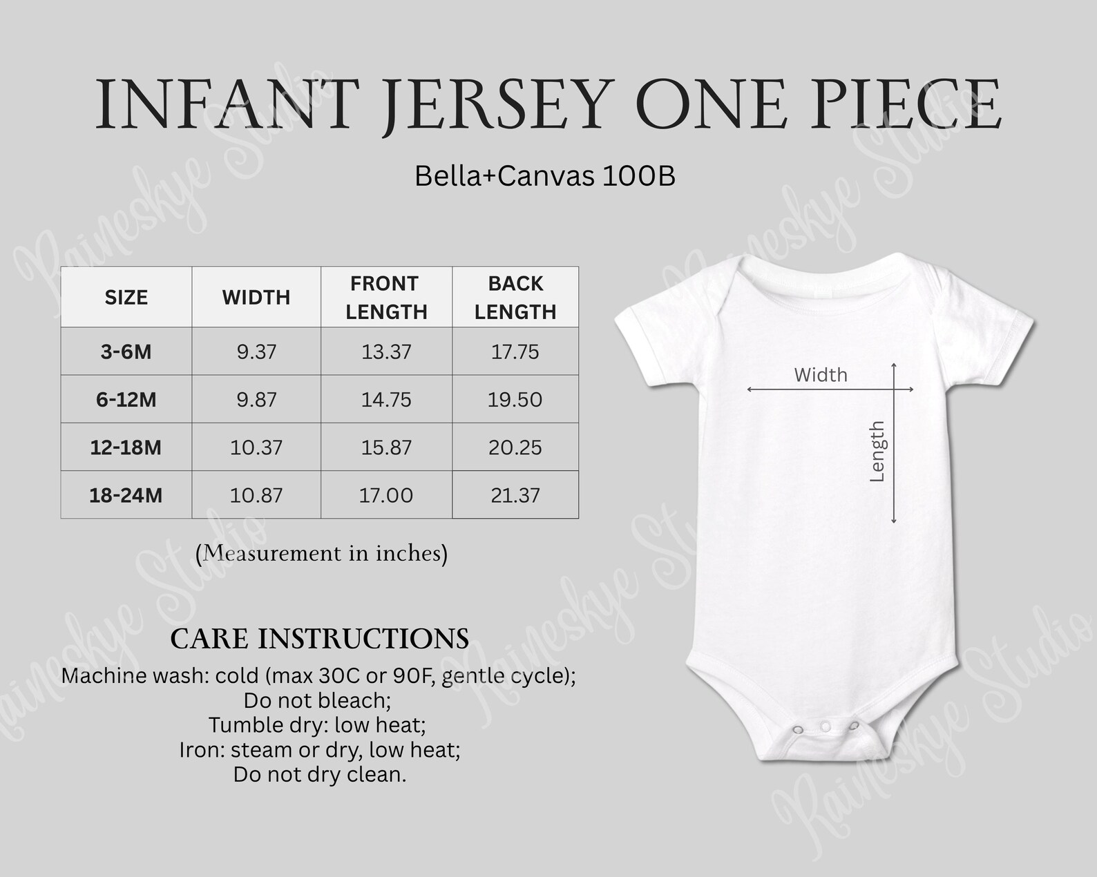 Infant Jersey One Piece Size Chart and Care Instructions, Bella Canvas 100B Body Suit, Baby ...