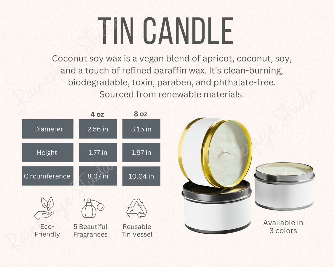 Tin Candle 4oz and 8oz Size Chart and Key Features, Candle Scent ...