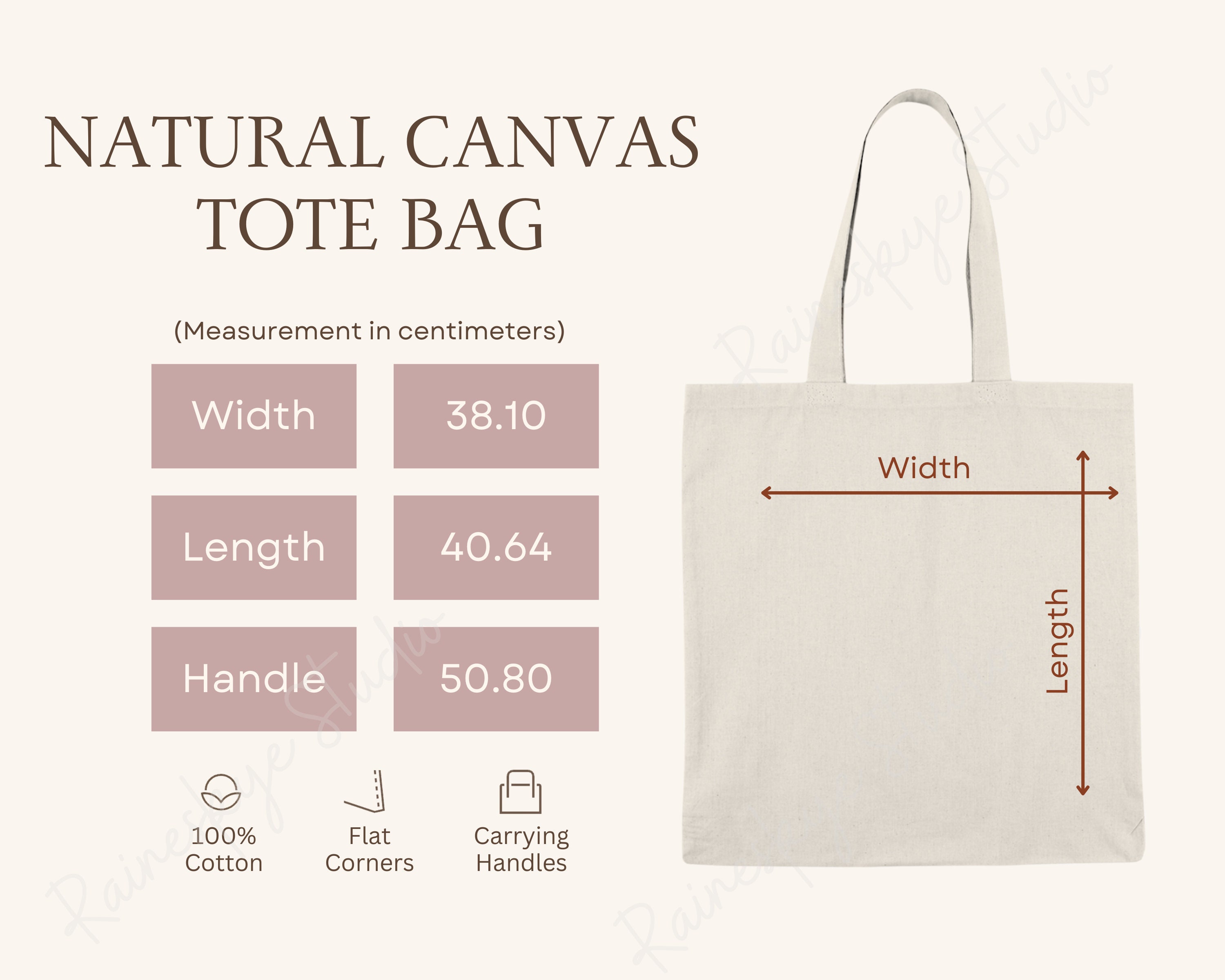 Natural Tote Bag Size Chart and Key Features, S&S Bags 42795 Mockup ...