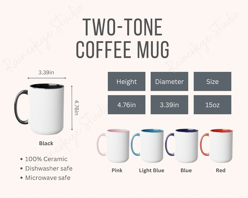 Two-tone 15oz Coffee Mug Size Chart and Color Guide, Coffee Mug Size ...