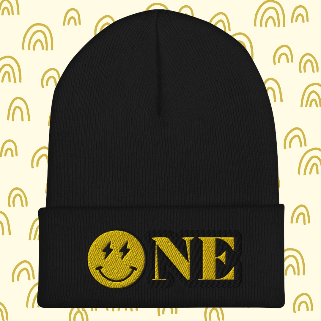 ONE Lightning Bolt Smiley Face Cuffed Beanie, Custom Embroidered ...