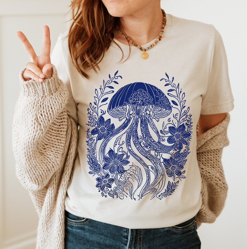 Jelly Fish Block Print , Linocut Print Shirt, Folksy Sea Creature Beach ...