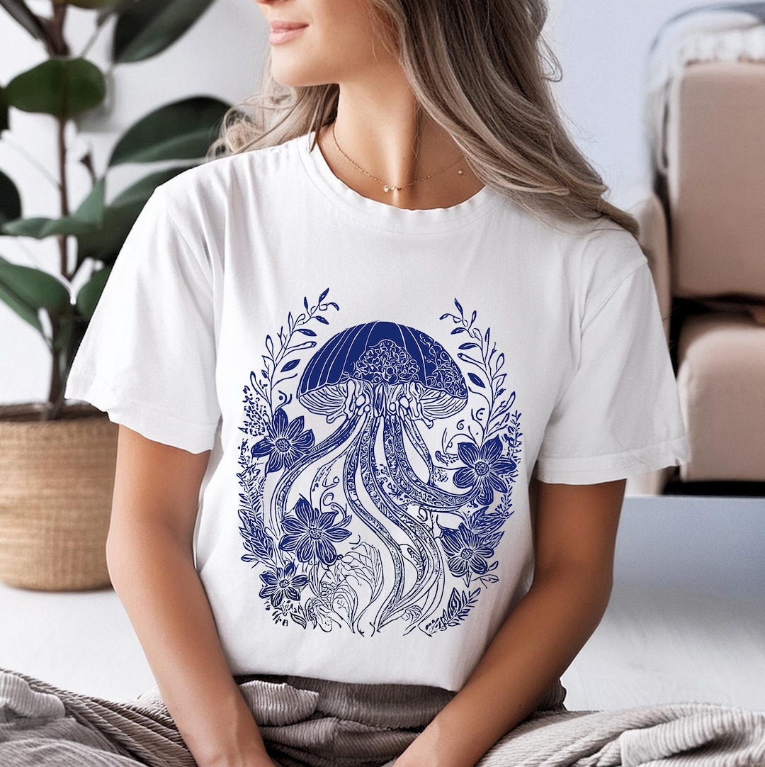 Jelly Fish Block Print , Linocut Print Shirt, Folksy Sea Creature Beach ...