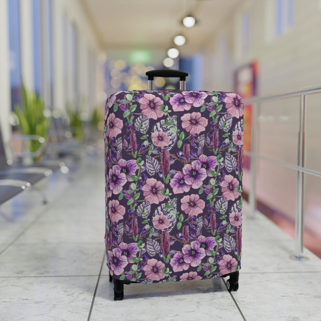 Botanical Floral Luggage Cover, Suitcase Protector Purple Flower Design ...