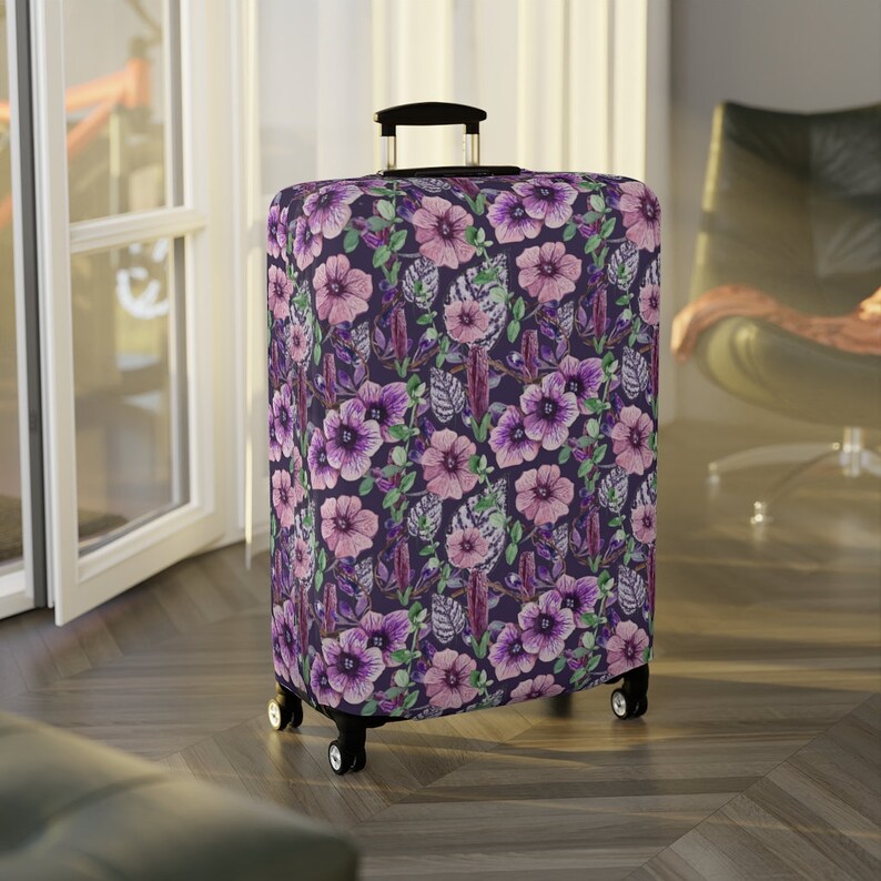 Botanical Floral Luggage Cover, Suitcase Protector Purple Flower Design ...