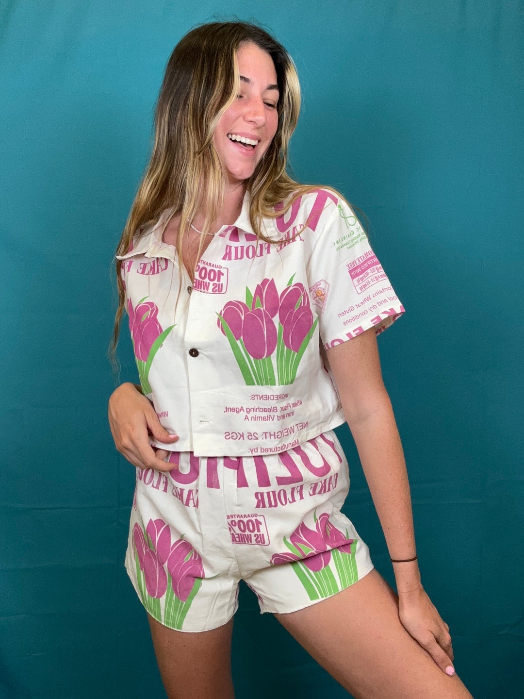 Beach Vacation Outfit Matching Two Piece Set Recycled Flour Sack Shorts ...