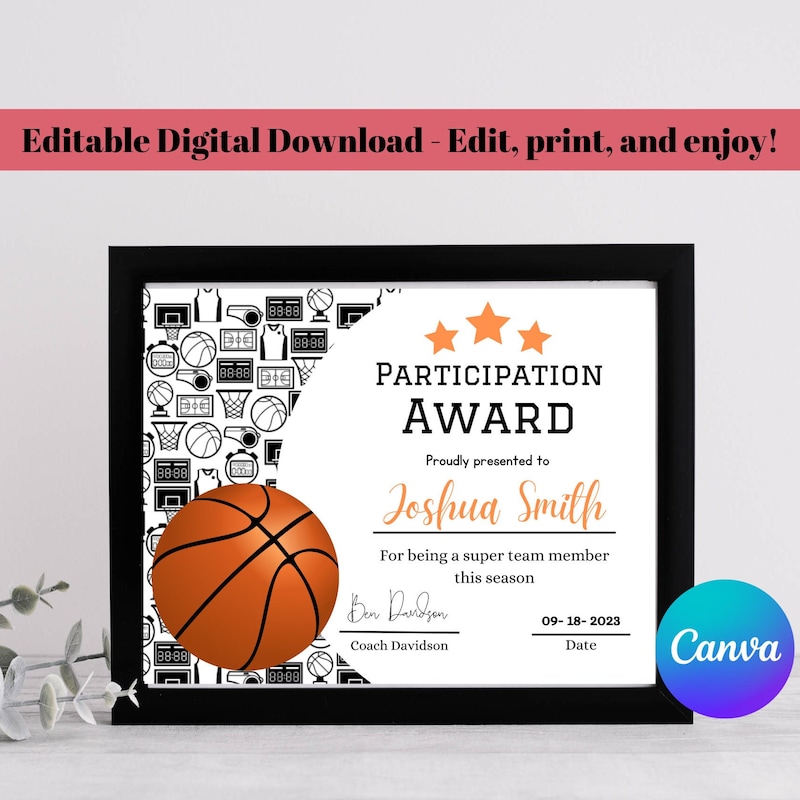 Basketball Certificate of Participation Template - Etsy