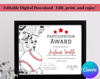 Editable Baseball Award Certificate - Etsy