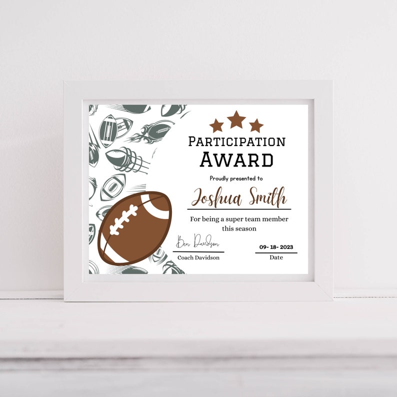 Editable Football Participation Award Certificate (digital Download) - Etsy