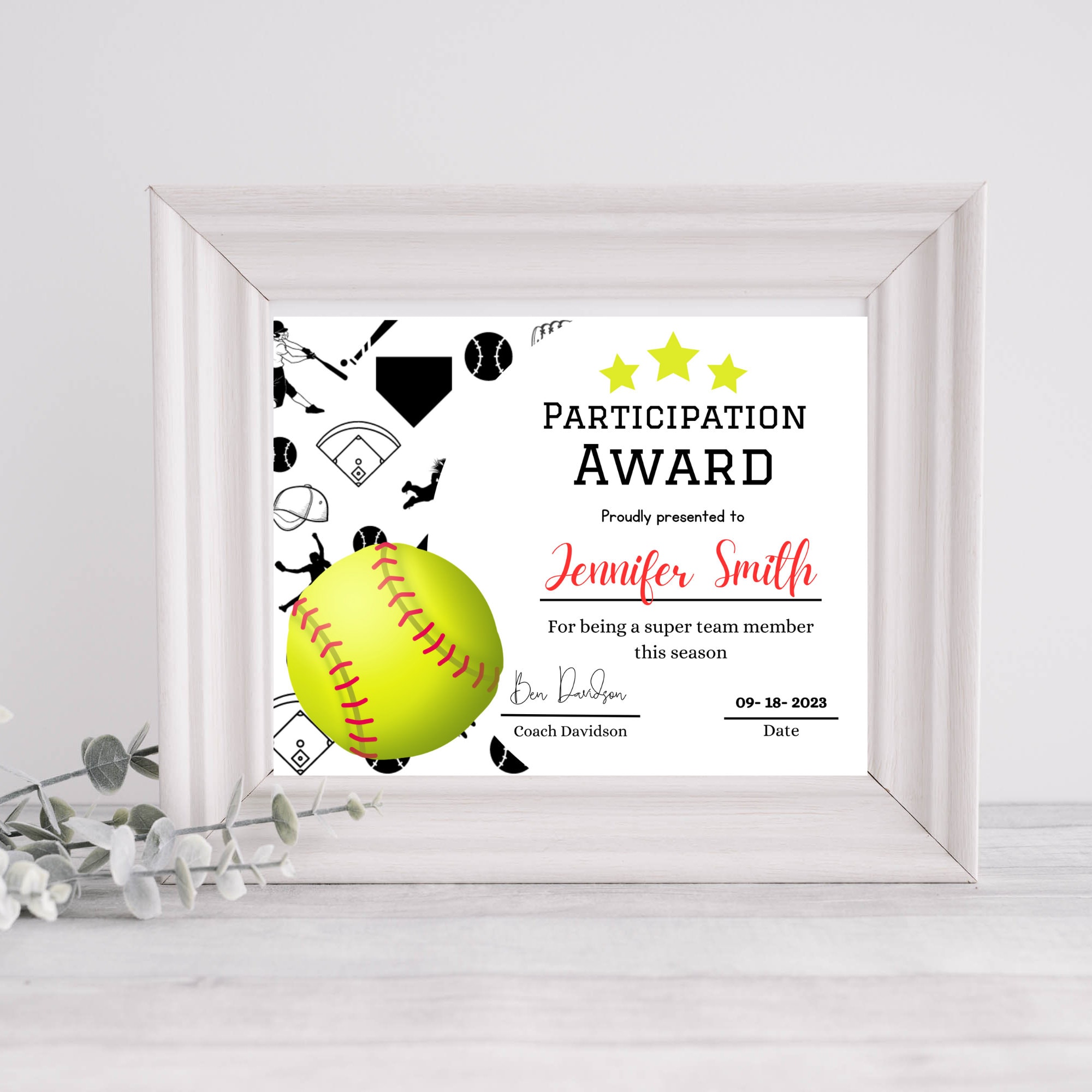 Softball Certificate Award, Softball Participation Award Certificate ...