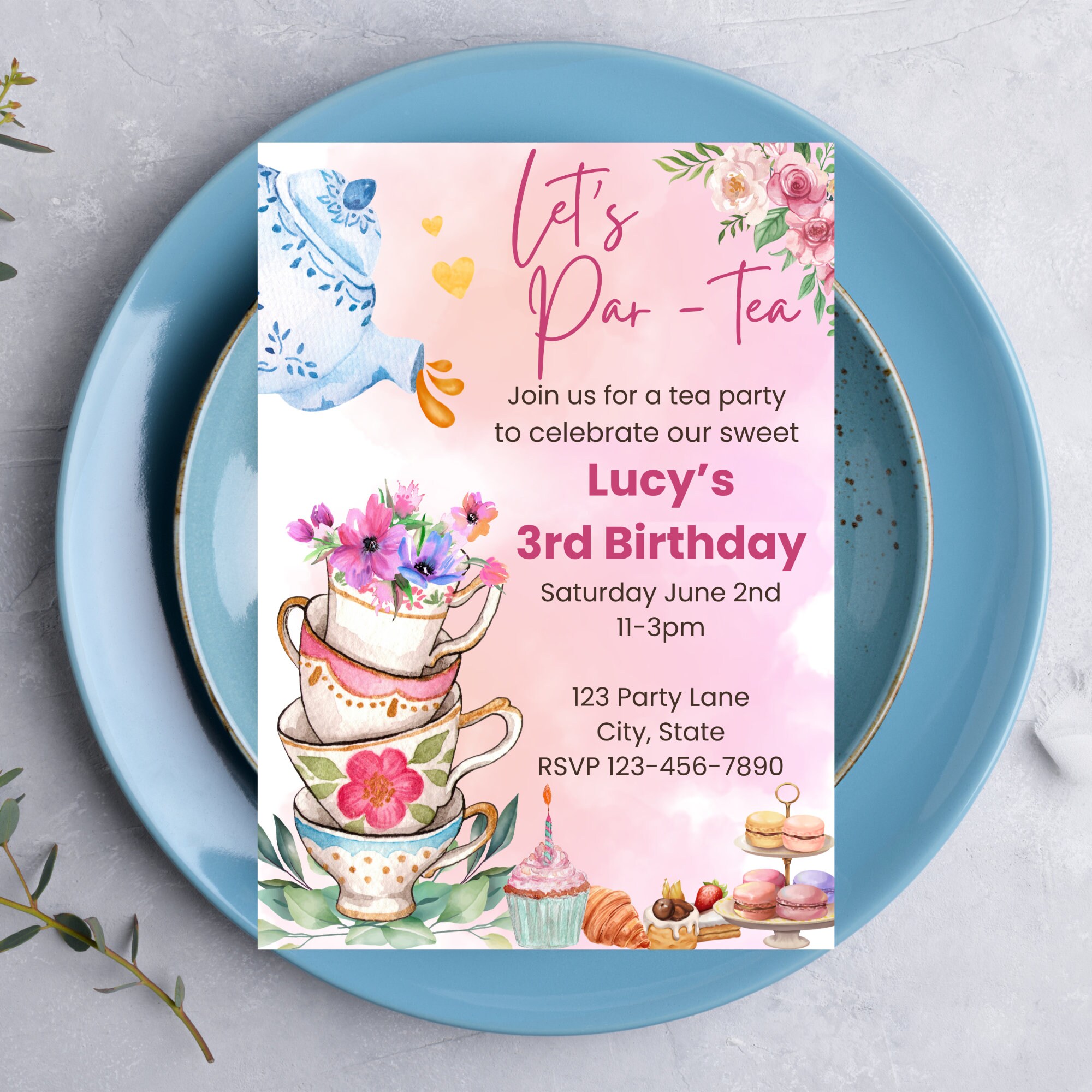 Floral Tea Party Birthday Invitation: Editable Par-tea Invite (digital ...