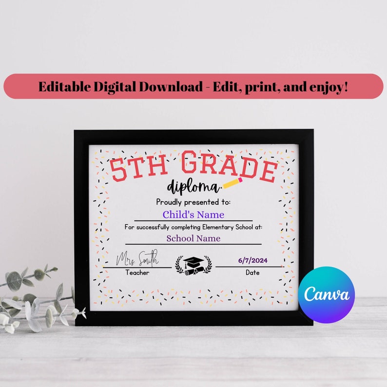 5th Grade Diploma, Editable 5th Grade Diploma, Fifth Grade Graduation ...