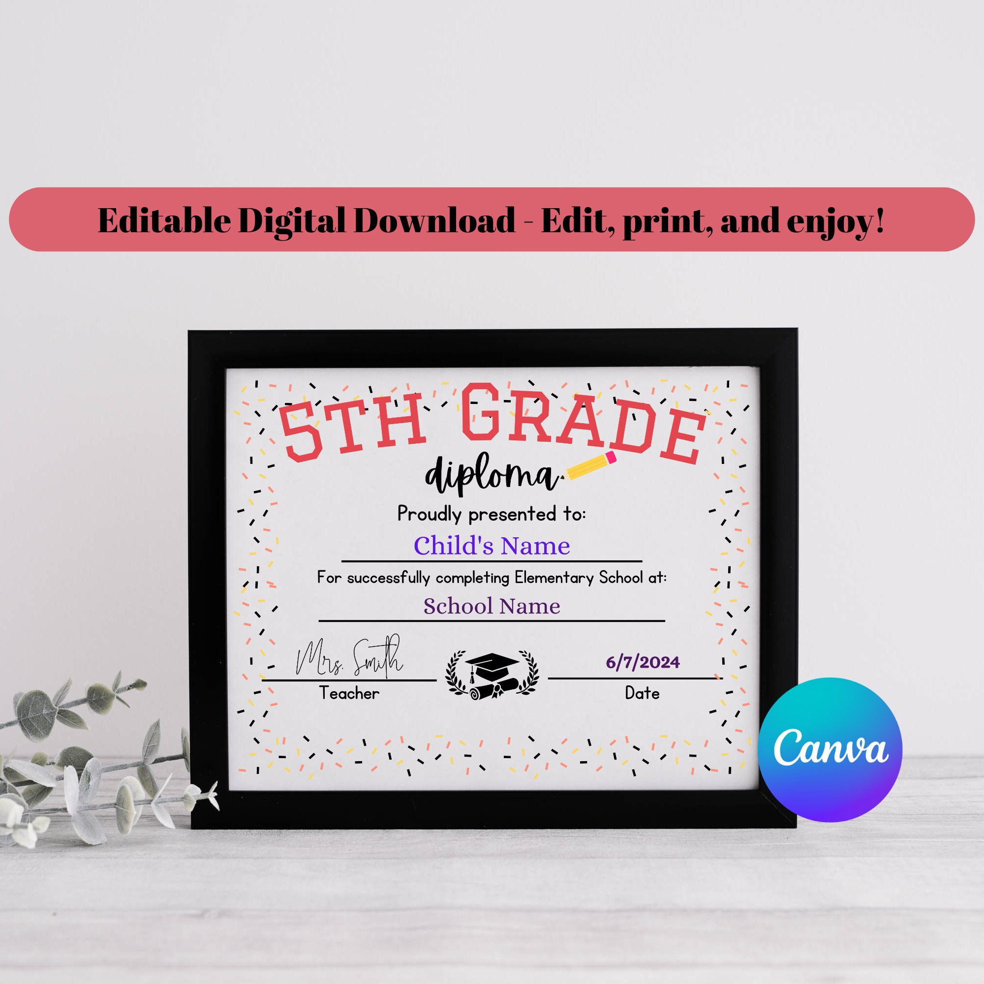 5th Grade Diploma, Editable 5th Grade Diploma, Fifth Grade Graduation ...