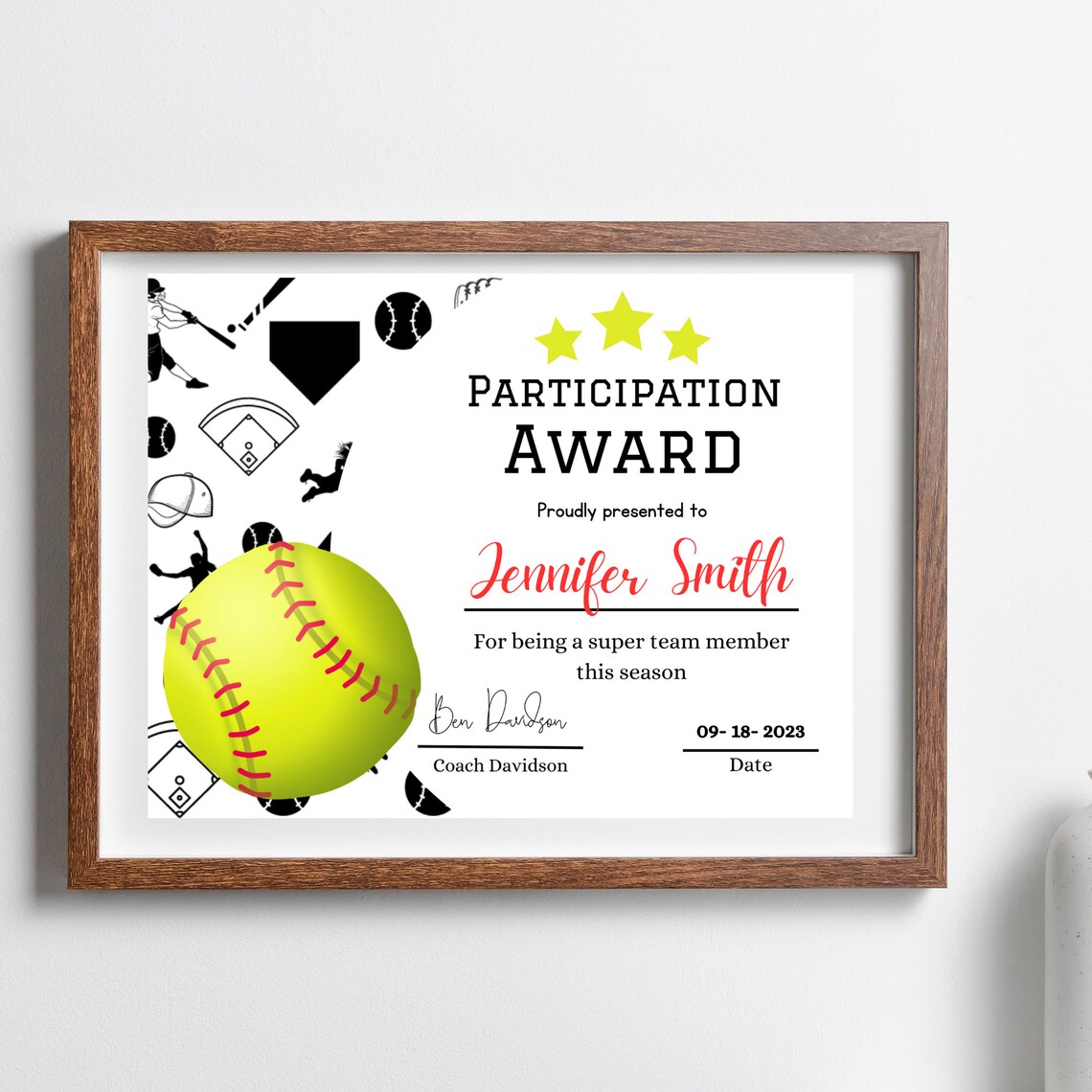 Softball Certificate Award, Softball Participation Award Certificate ...