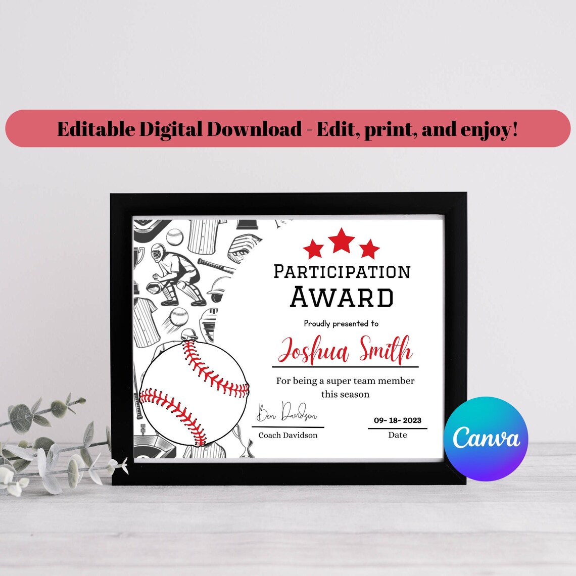Editable Baseball Participation Award Certificate (digital Download) - Etsy