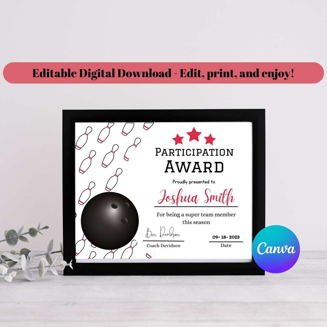 Bowling Award Editable Bowling Participation Certificate, Bowling ...