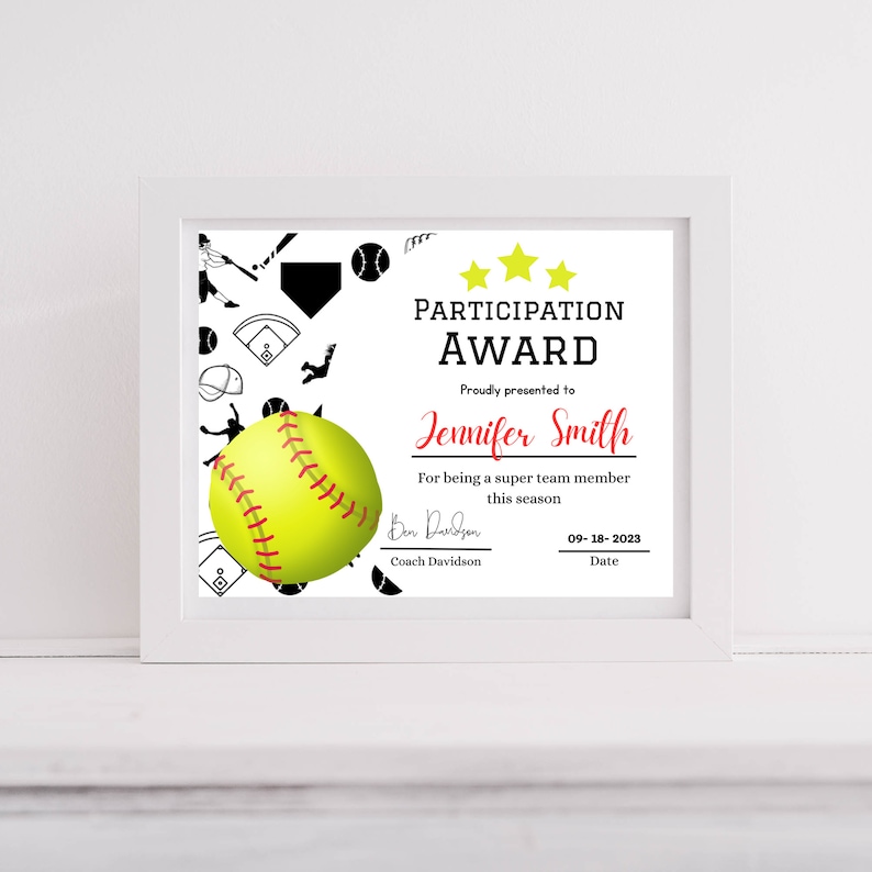 Softball Certificate Award, Softball Participation Award Certificate ...