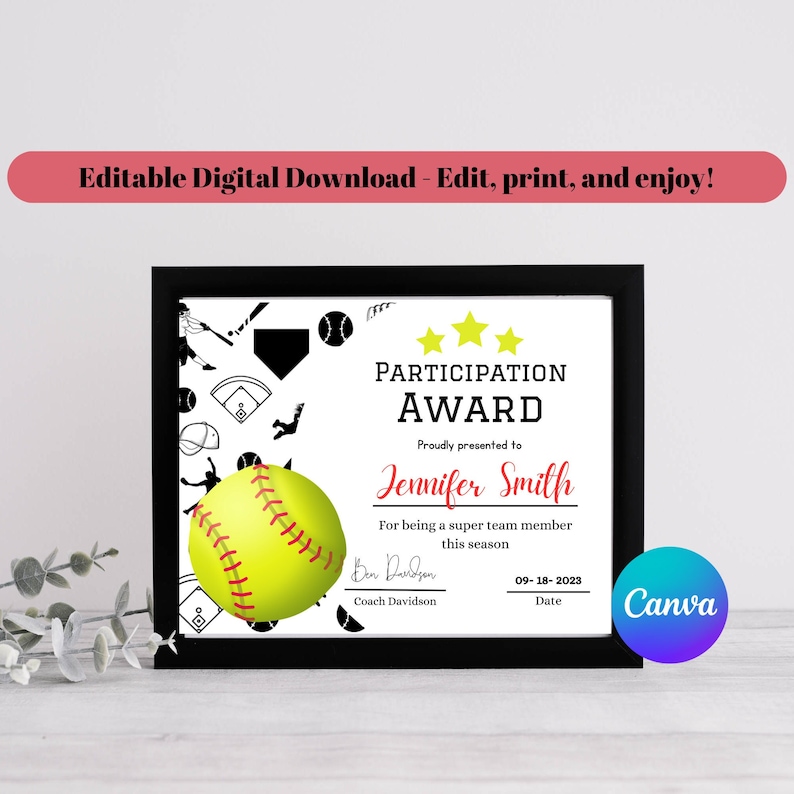 Softball Certificate Award, Softball Participation Award Certificate ...