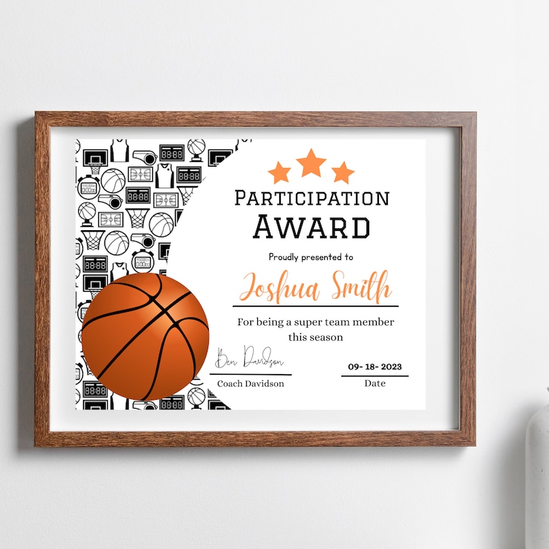 Editable Basketball Participation Award Certificate (digital Download ...