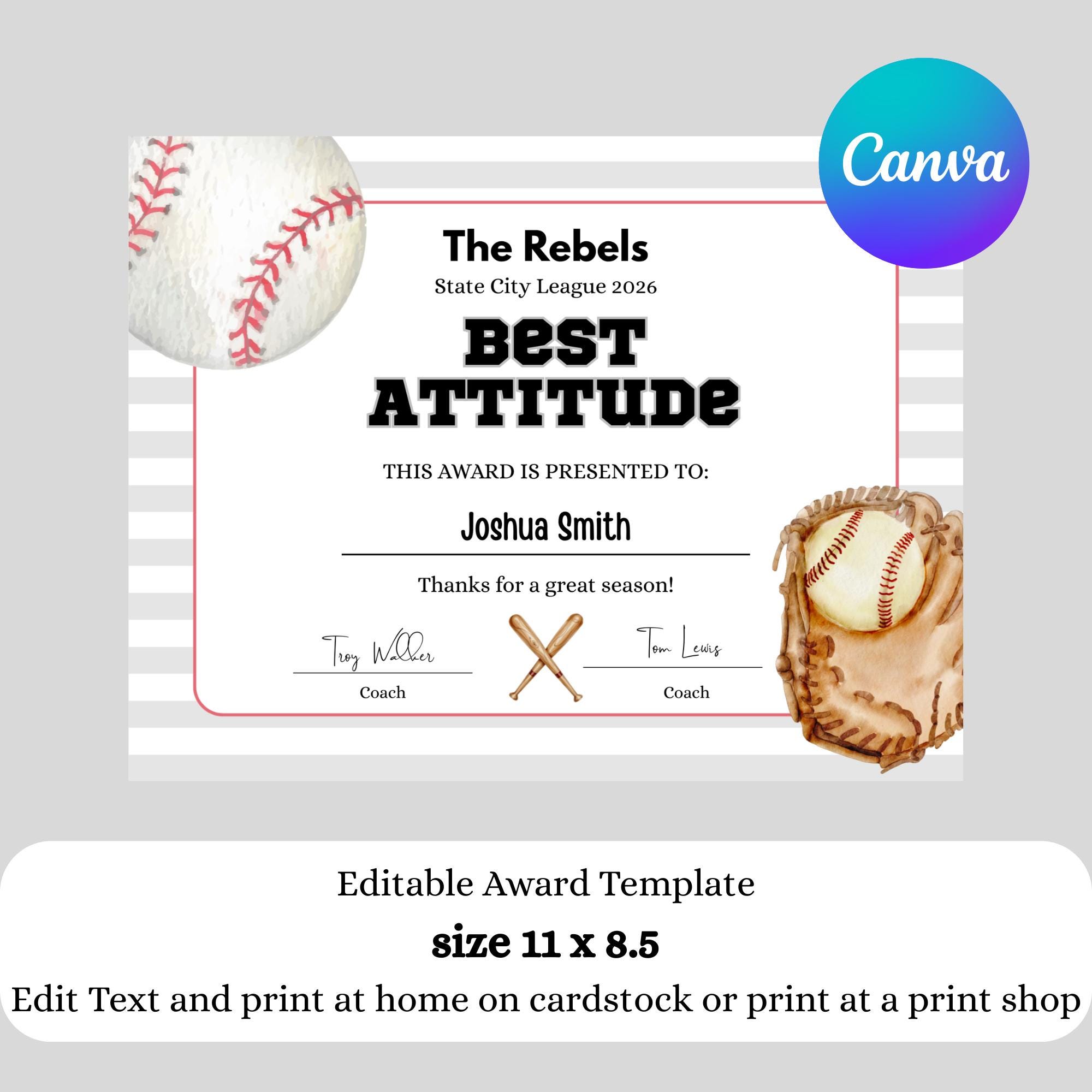 Editable Baseball Award Certificate Templates : Team Award Printables ...