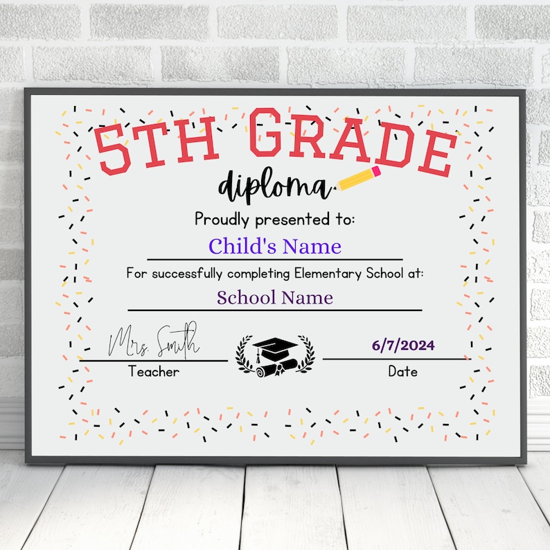 5th Grade Diploma, Editable 5th Grade Diploma, Fifth Grade Graduation ...