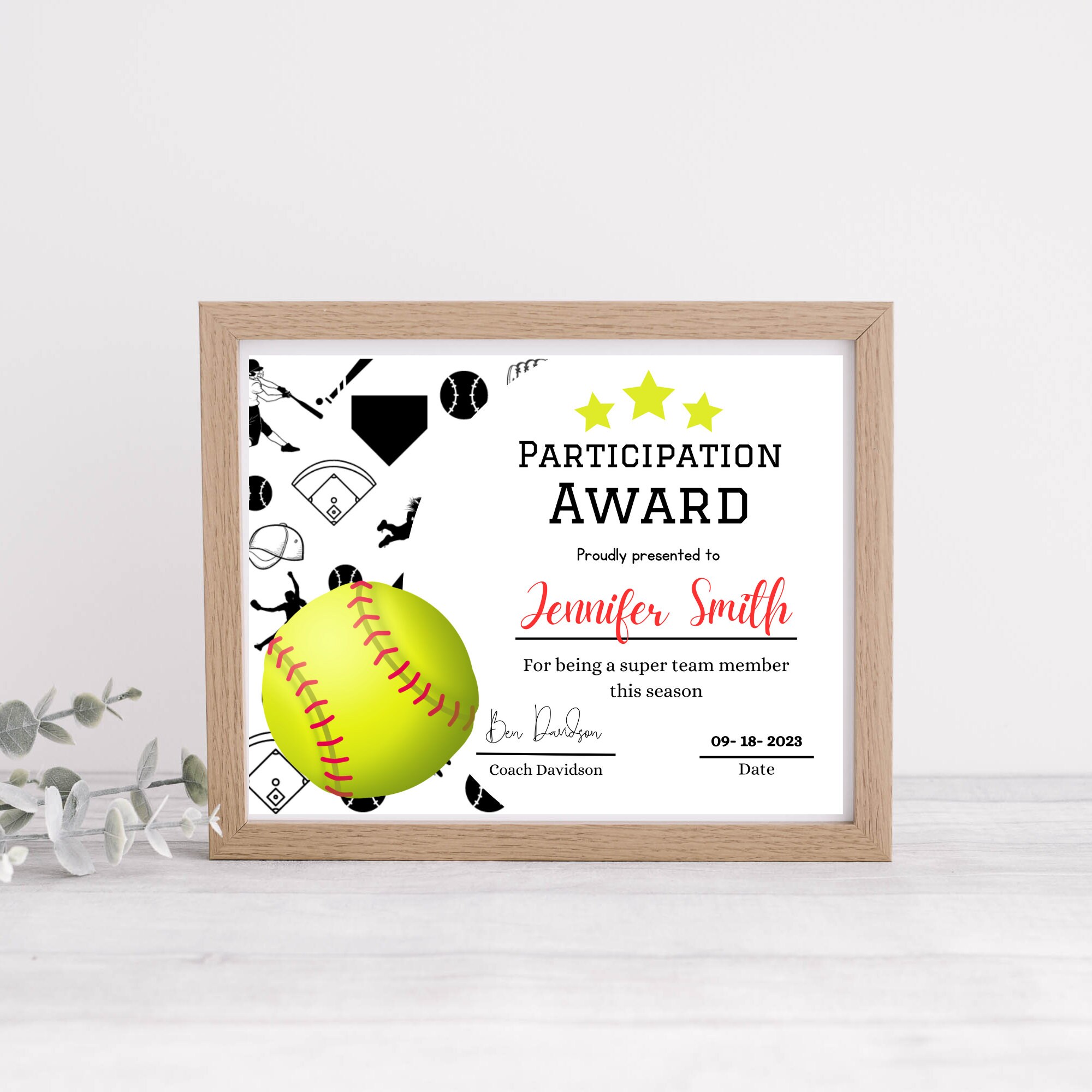 Softball Certificate Award, Softball Participation Award Certificate ...