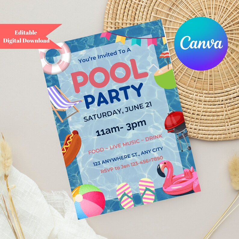 Pool Party Digital Invitation, Pool Party Invite, Digital Download ...