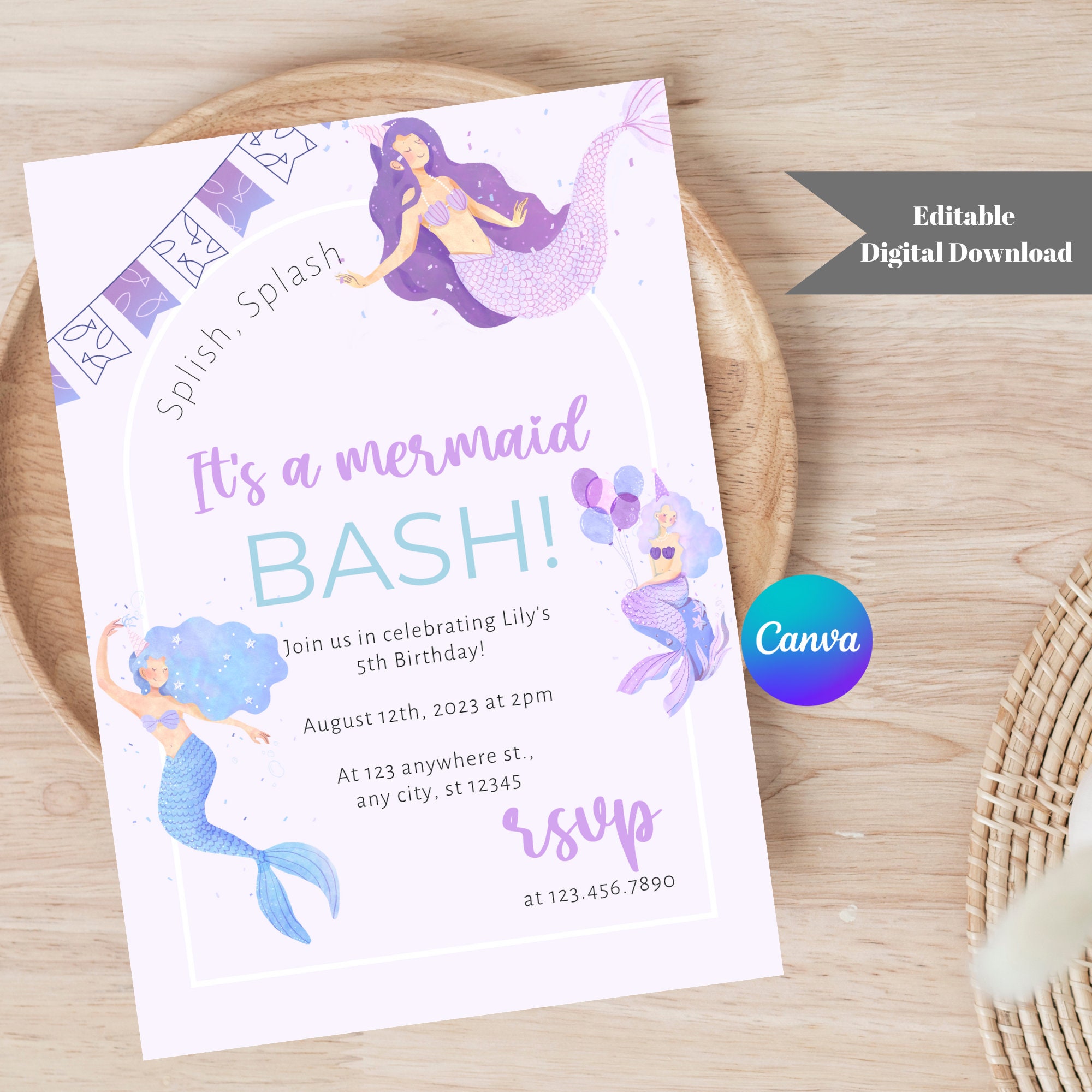 Mermaid Birthday Invitation for Kids, Splish Splash Its a Mermaid Bash ...