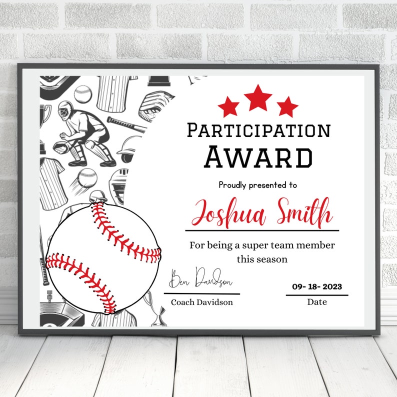Editable Baseball Participation Award Certificate (digital Download) - Etsy
