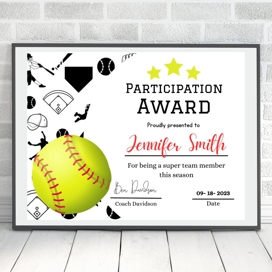 Softball Certificate Award, Softball Participation Award Certificate ...