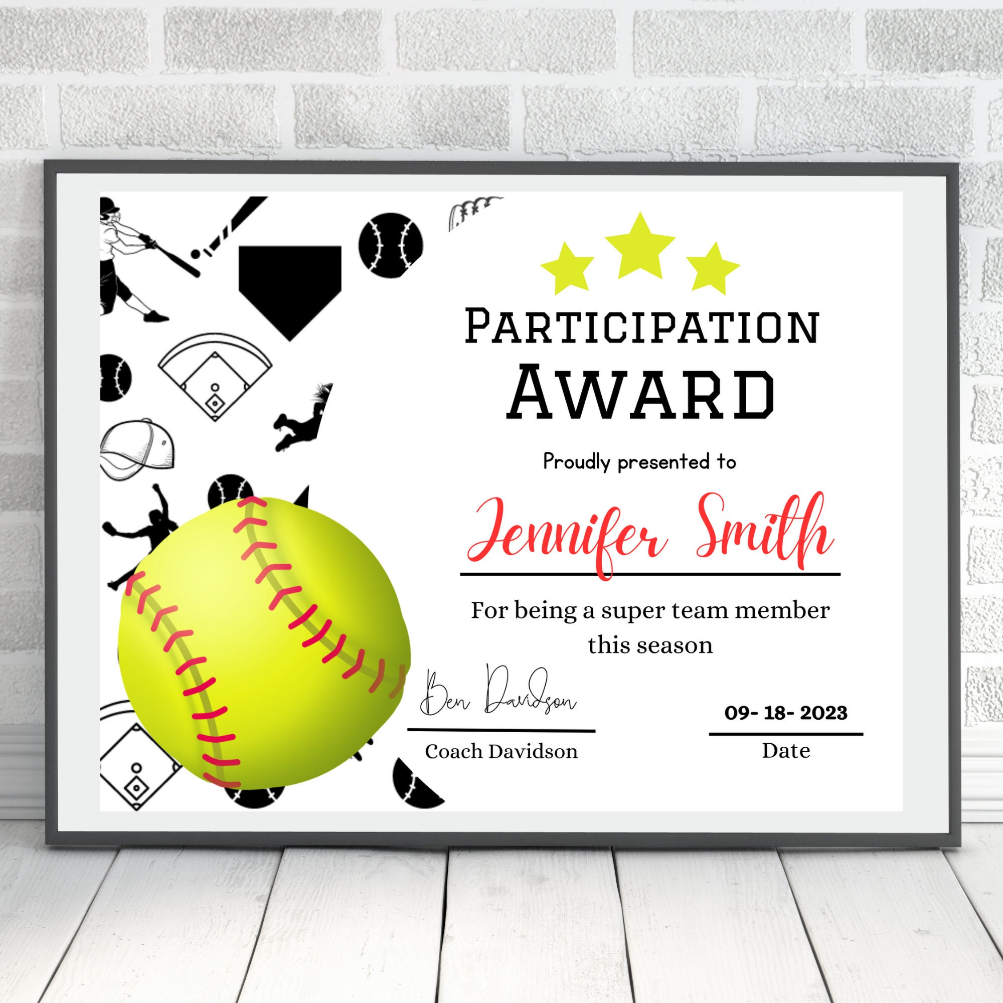 Softball Certificate Award, Softball Participation Award Certificate ...