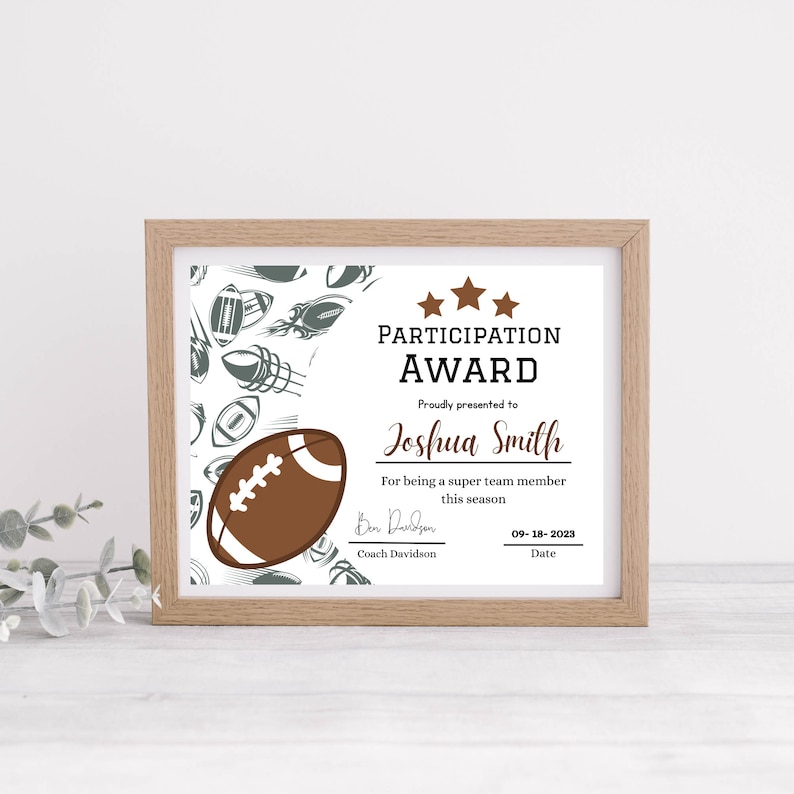 Editable Football Participation Award Certificate (digital Download) - Etsy