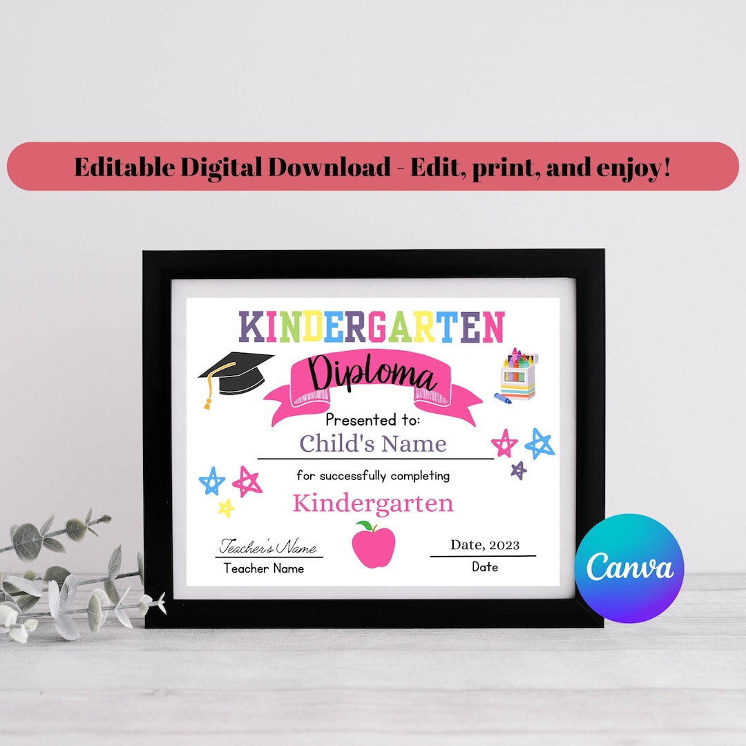 Editable Kindergarten Diploma Template: Graduation Certificate (digital ...