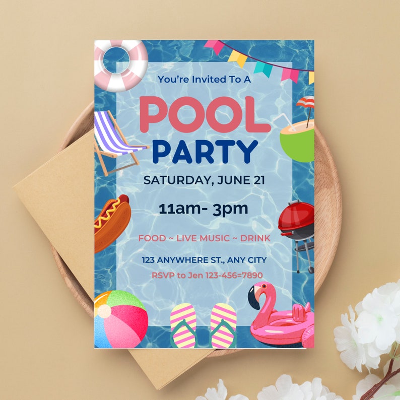 Pool Party Digital Invitation, Pool Party Invite, Digital Download ...
