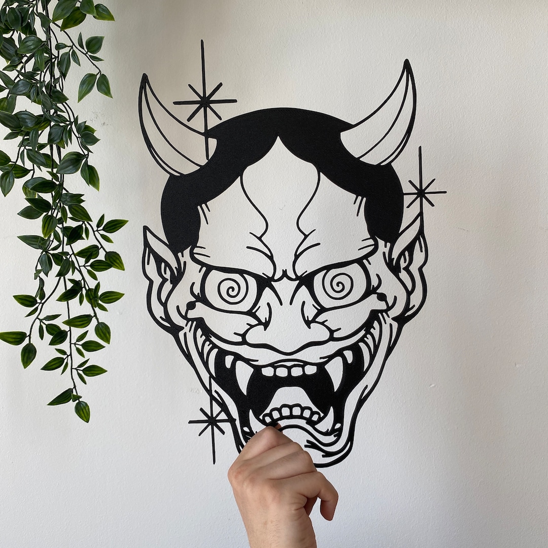 Japanese Oni Mask 3D Mural Wall Line Art Tattoo Wanddeko Japanese Oni ...