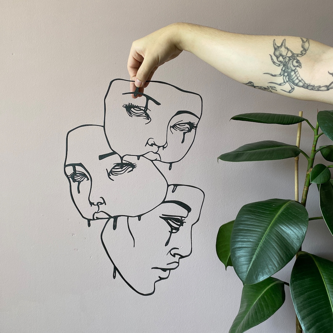 Three Faces 3D Wall Picture Wall Line Art Tattoo Wall Decoration Three ...