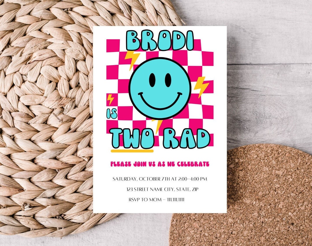 Two Rad Birthday Invitation: Retro Smiley Face, Girl 2nd Birthday ...