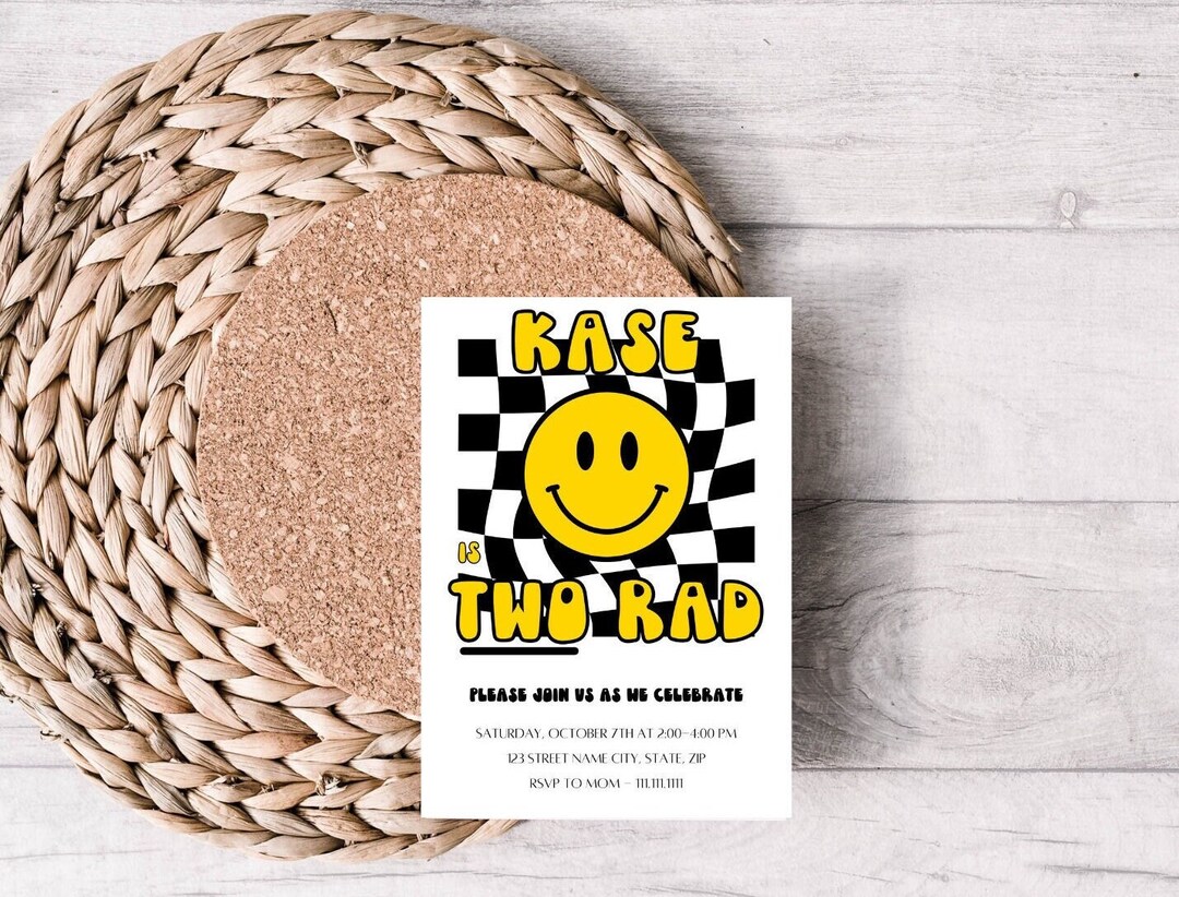 Two Rad Smiley Face Birthday Invitation - Retro 2nd Birthday (digital ...