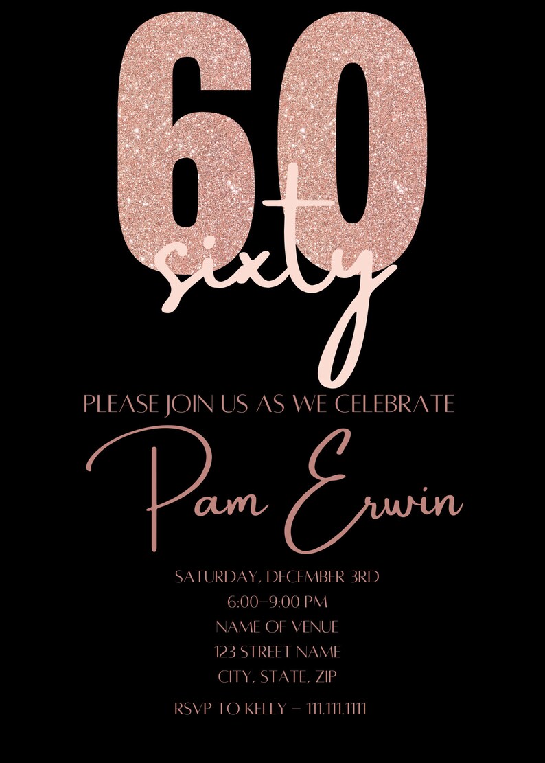 60th Birthday Invitation: Black and Rose Gold Template (digital ...