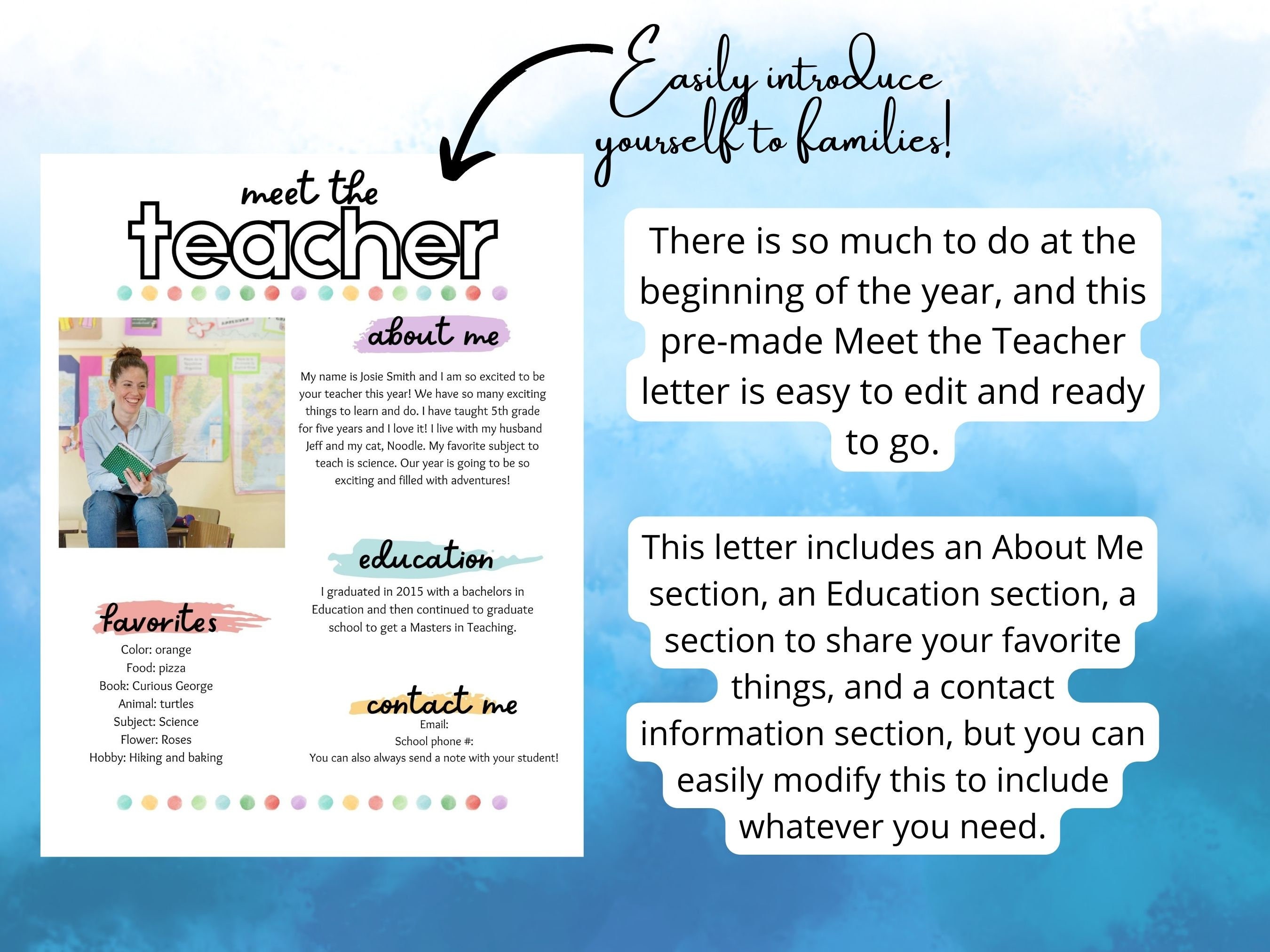 EDITABLE Watercolor Meet the Teacher Letter - Etsy