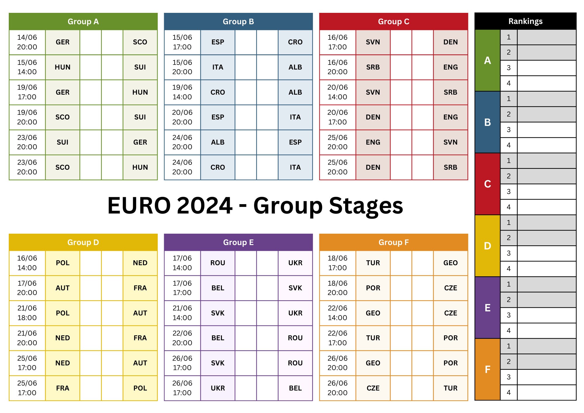 EURO 2024 Printable Wall Charts Group Stage & Round of 16 Stage Print ...