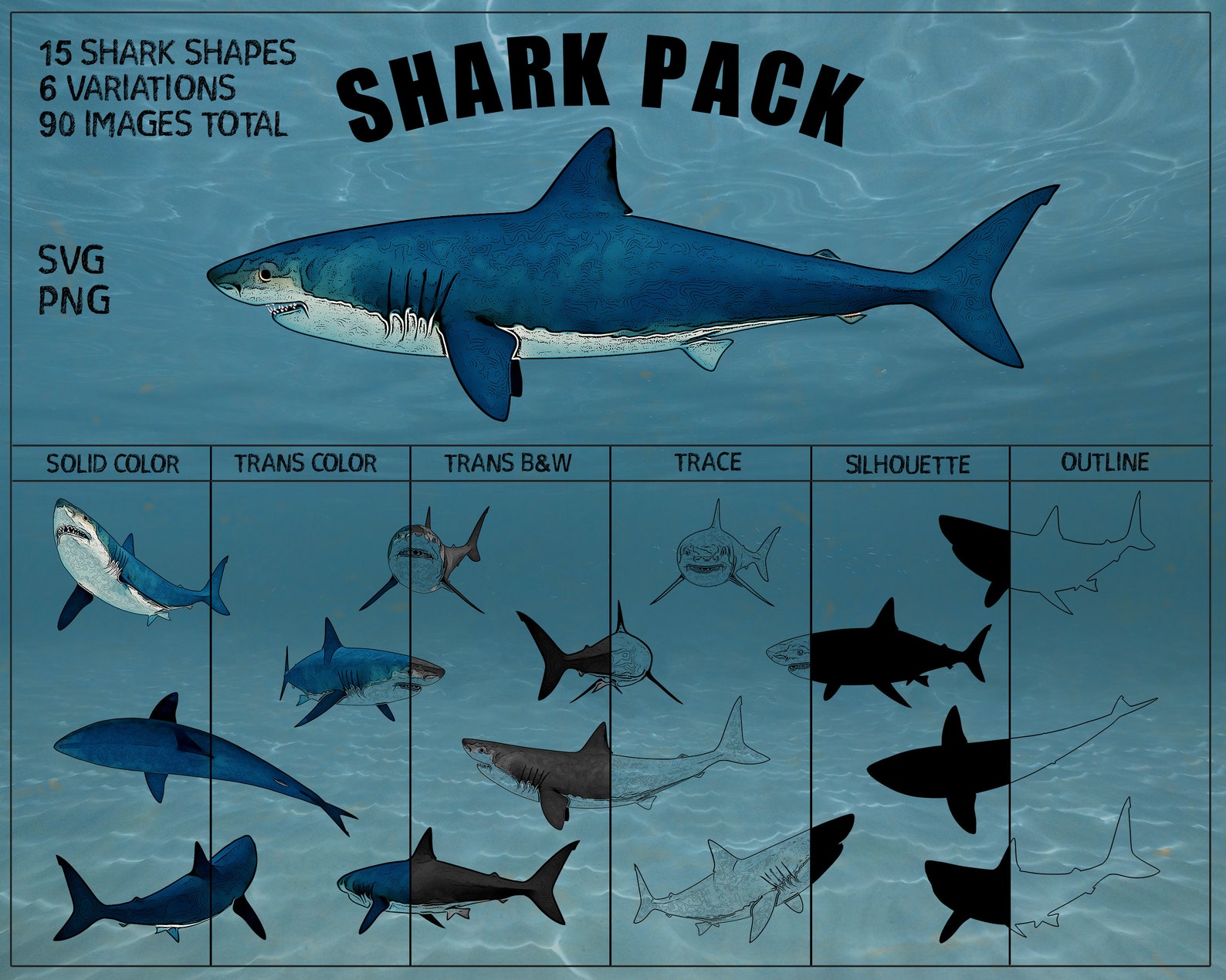 Shark Pack Clipart, Shark Clipart, Sharks, Shark Silhouette, Cartoon ...