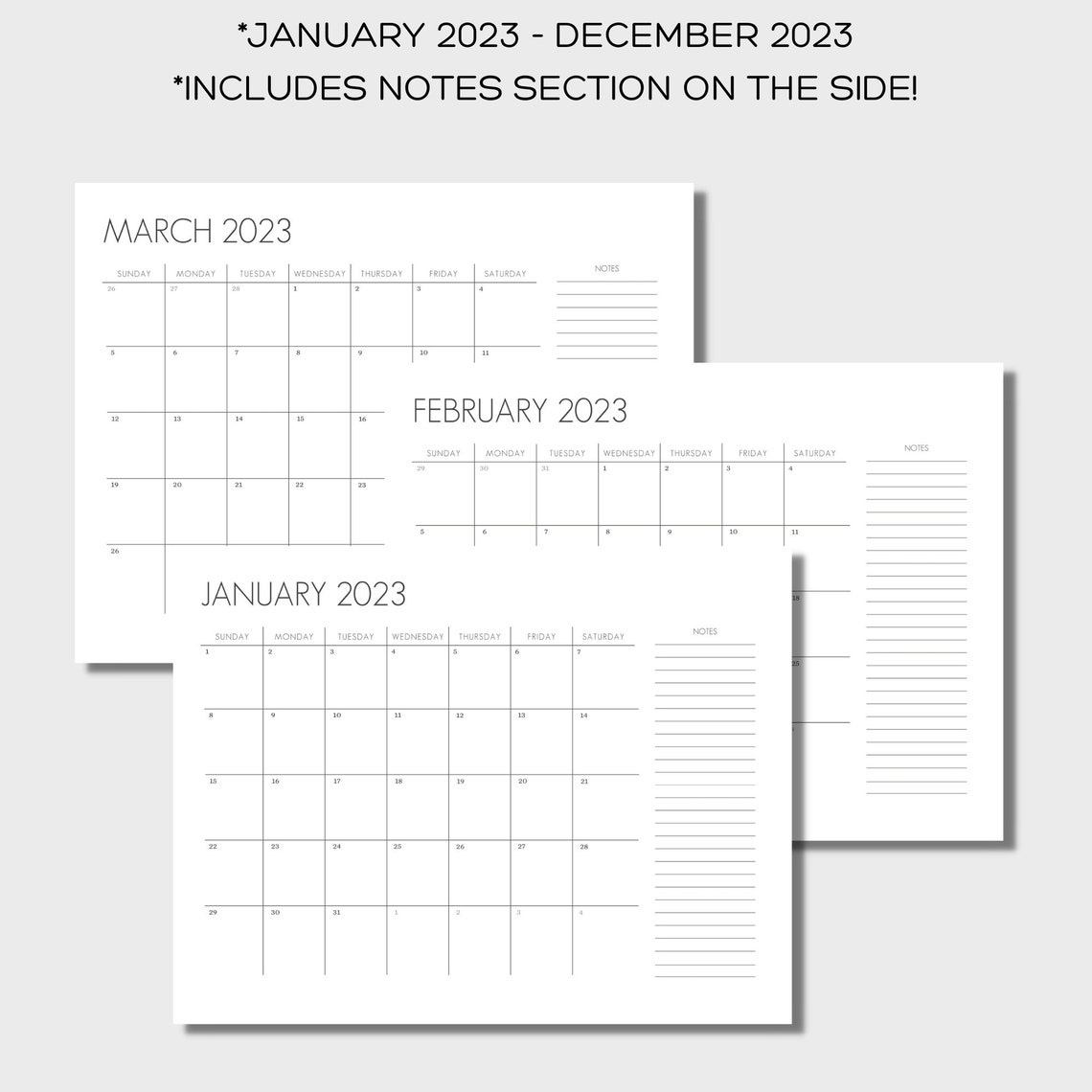 2023 Printable Calendar - Landscape, Digital Download, Letter Size PDF ...