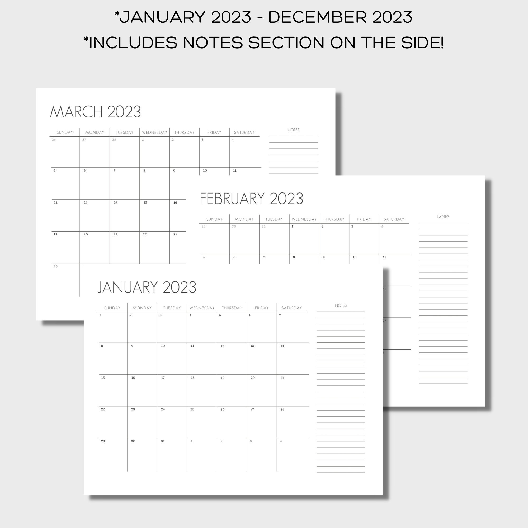 2023 Printable Calendar - Landscape, Digital Download, Letter Size PDF ...