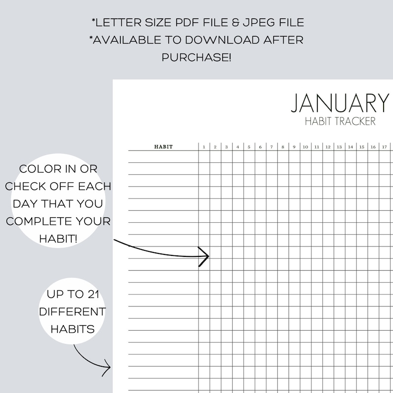 Monthly Habit Tracker - Printable, Letter Size PDF & JPEG, Instant ...
