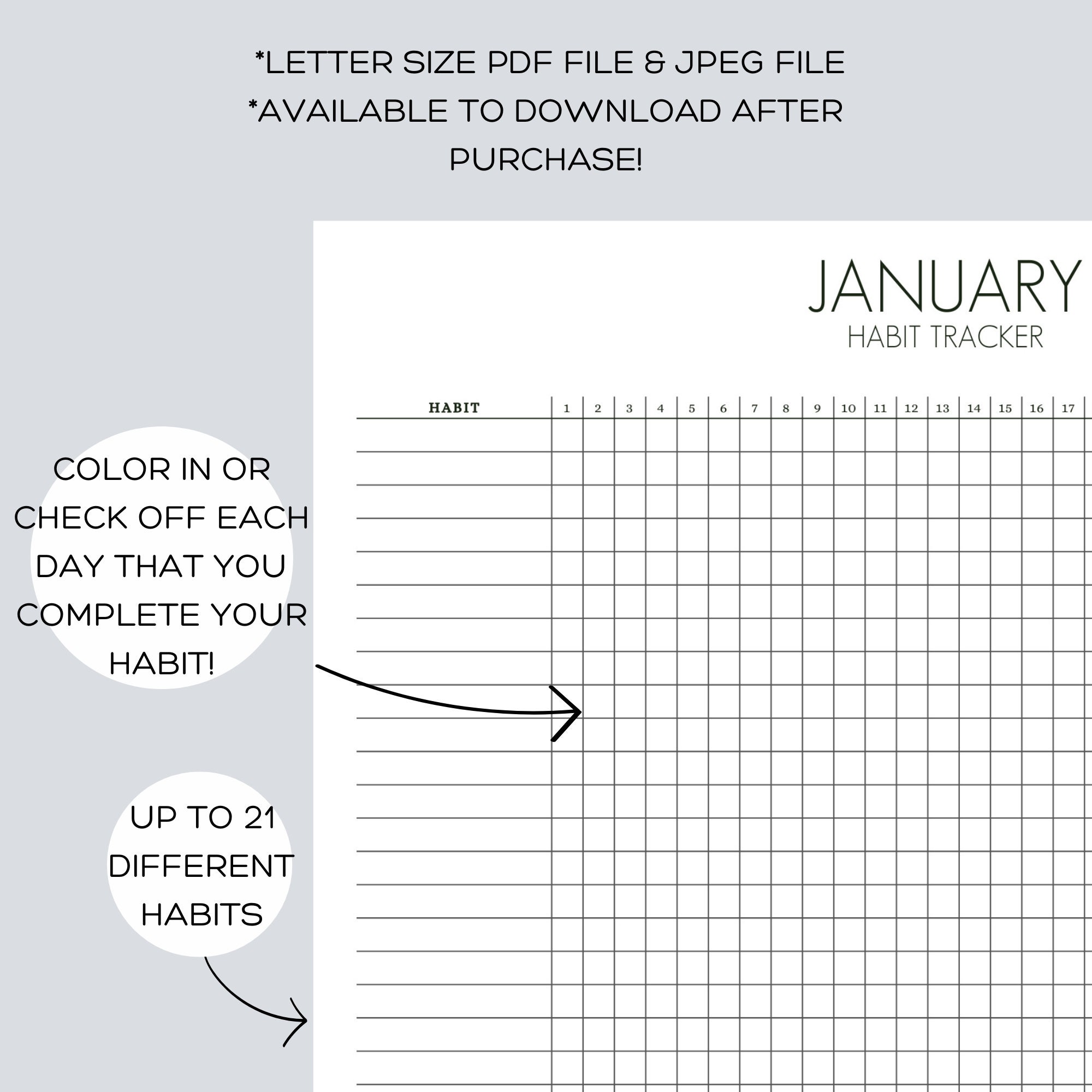 Monthly Habit Tracker - Printable, Letter Size PDF & JPEG, Instant ...