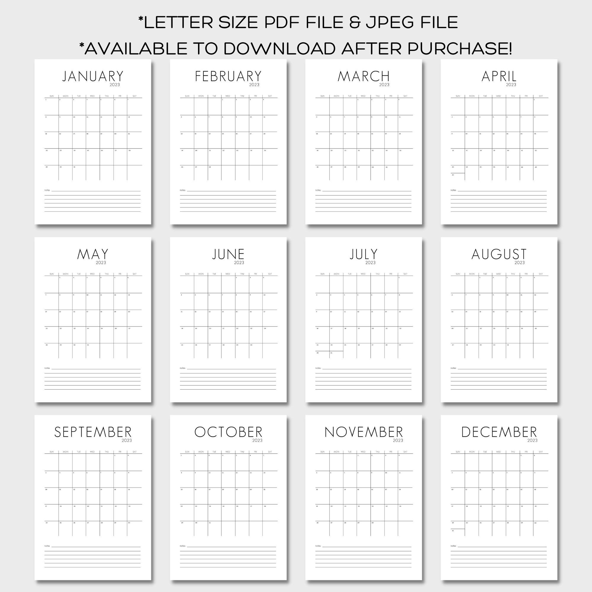 2023 Printable Calendar Portrait, Digital Download, Letter Size PDF ...