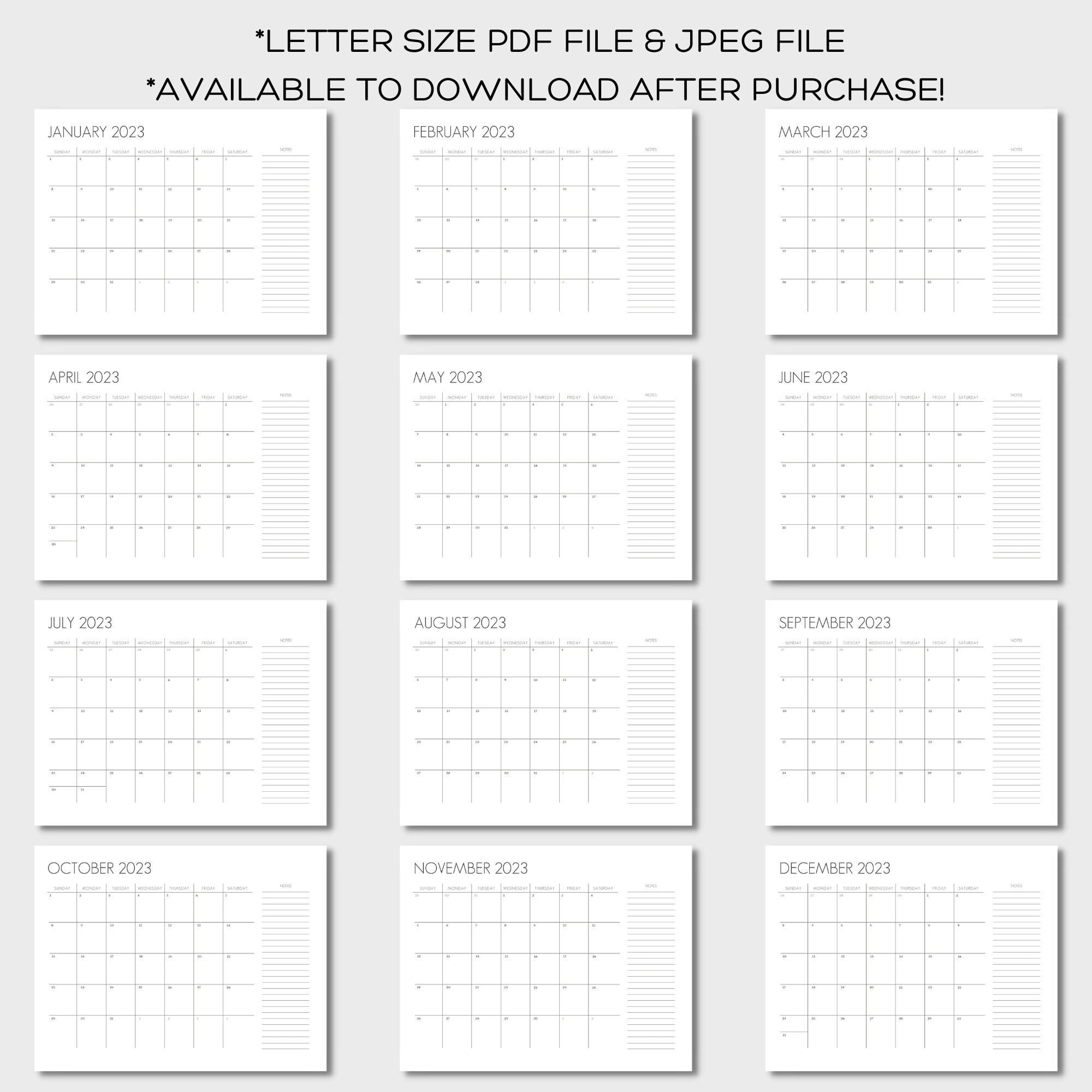 2023 Printable Calendar - Landscape, Digital Download, Letter Size PDF ...